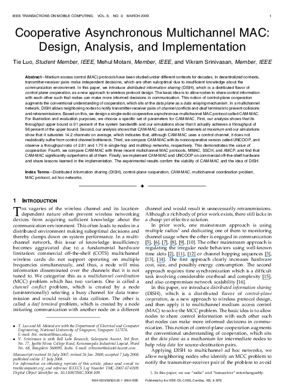 (PDF) Cooperative Asynchronous Multichannel MAC: Design, Analysis, and Implementation