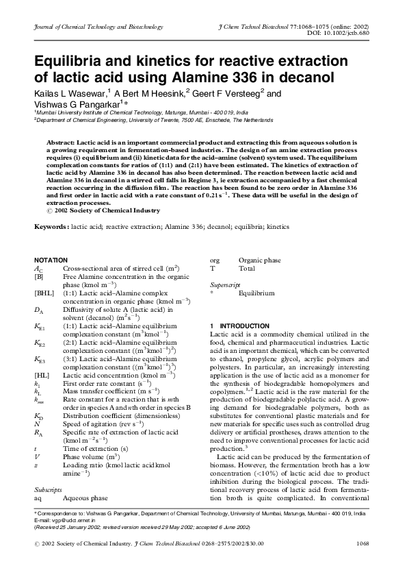(PDF) Equilibria and kinetics for reactive extraction of lactic acid ...