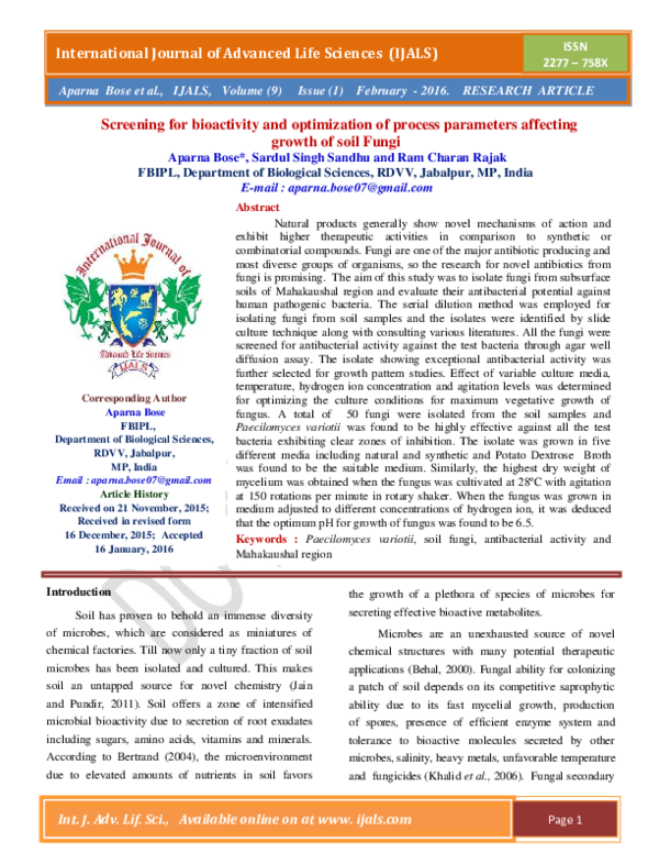 (PDF) Screening for bioactivity and optimization of process parameters affecting growth of soil ...