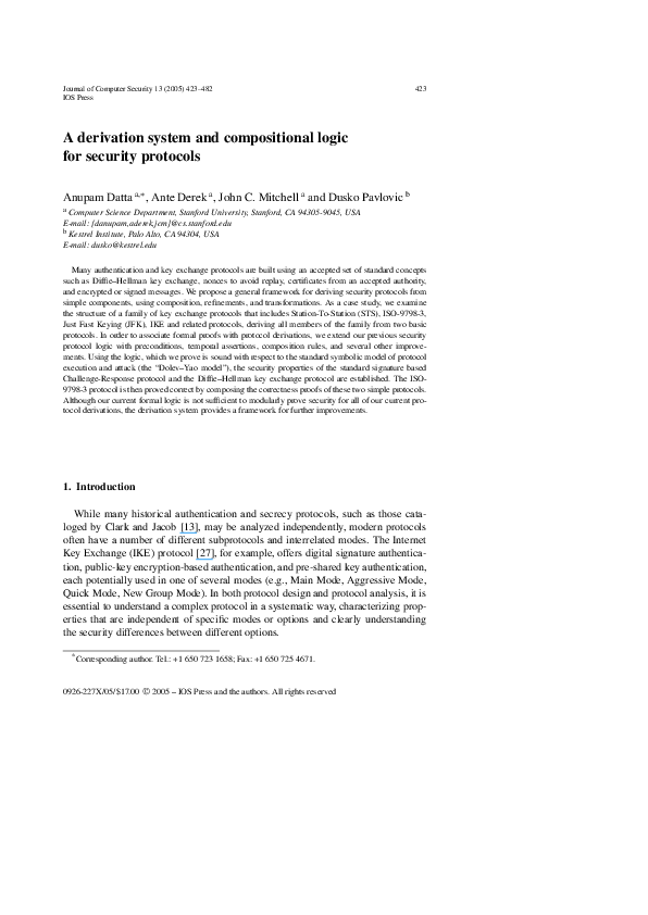 Pdf A Derivation System And Compositional Logic For Security Protocols