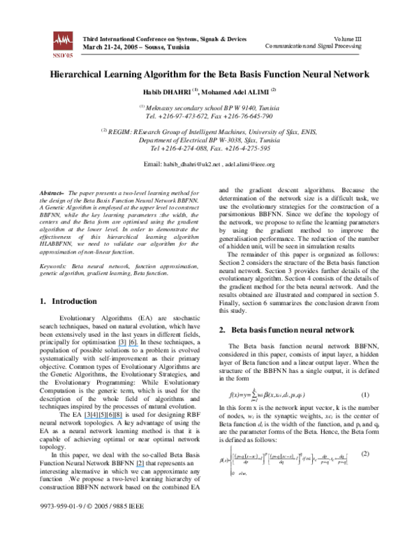 (PDF) Hierarchical Learning Algorithm for the Beta Basis Function Neural Network