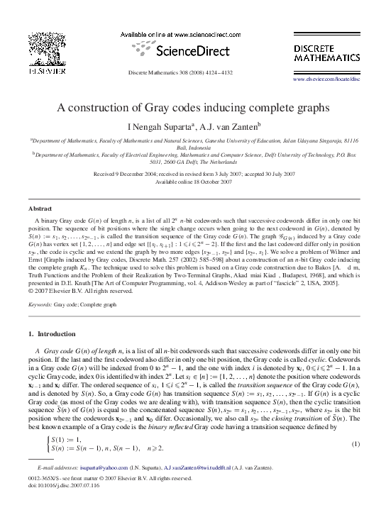 (PDF) A construction of Gray codes inducing complete graphs