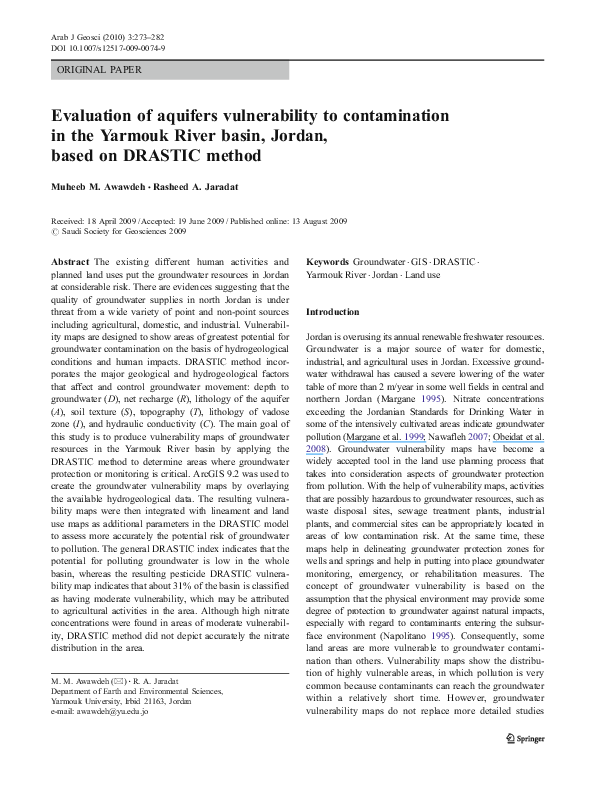 (PDF) Evaluation of aquifers vulnerability to contamination in the ...