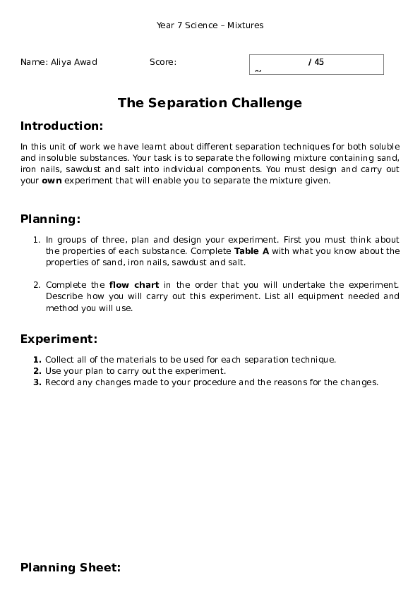 (DOC) Separation Challenge Assessment Task | Aliya Awad - Academia.edu
