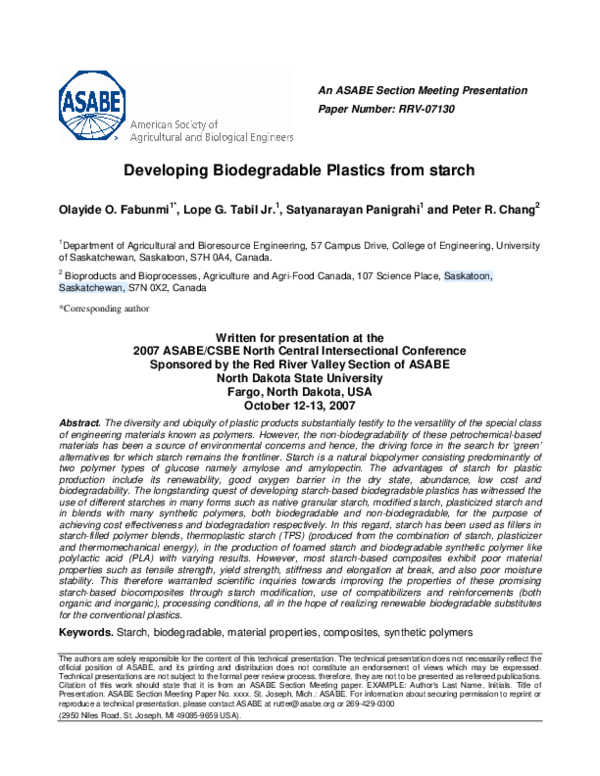 (PDF) Developing Biodegradable Plastics from starch