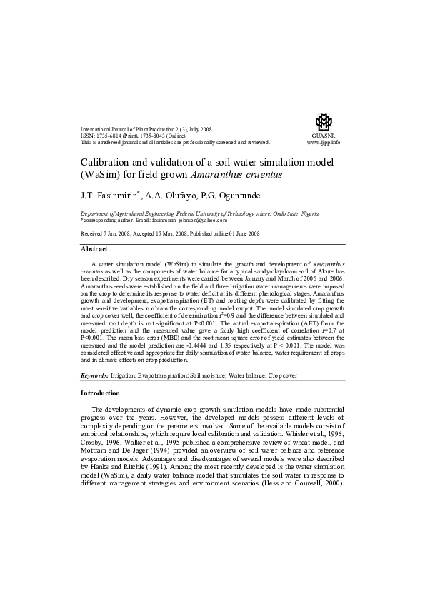 (PDF) Calibration and validation of a soil water simulation model (WaSim) for field grown ...