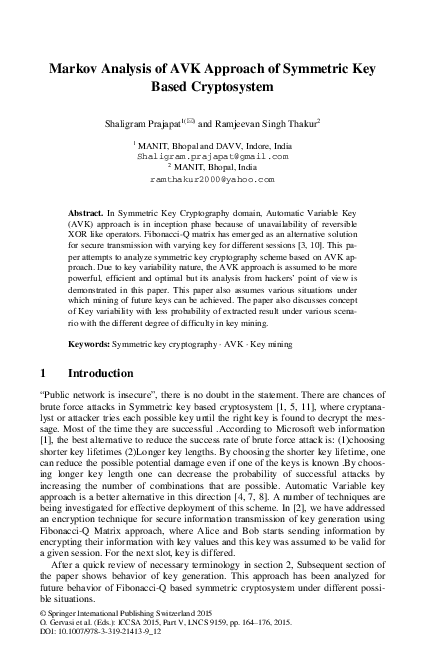 (PDF) Markov Analysis of AVK Approach of Symmetric Key Based Cryptosystem