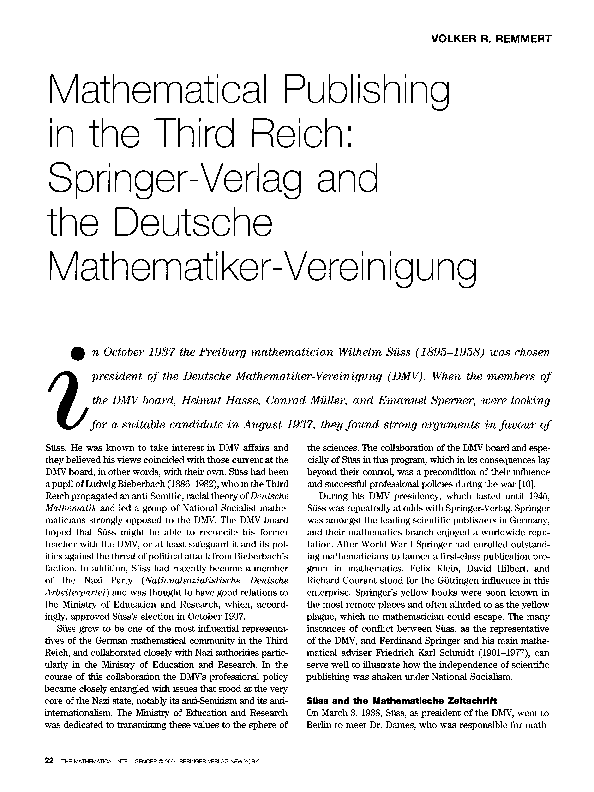 (PDF) Mathematical Publishing in the Third Reich: Springer-Verlag and ...