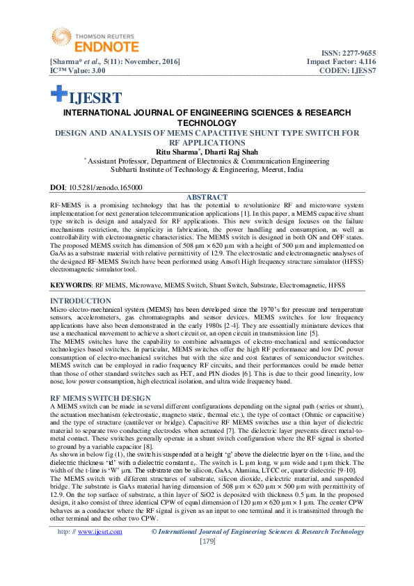Pdf Design And Analysis Of Mems Capacitive Shunt Type Switch For Rf Applications
