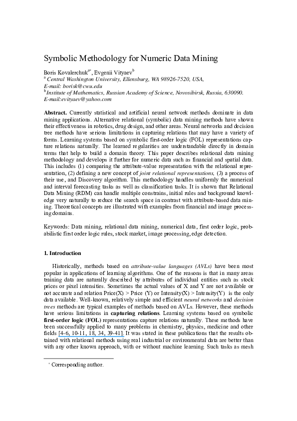 Pdf Symbolic Methodology For Numeric Data Mining Evgenii Vityaev