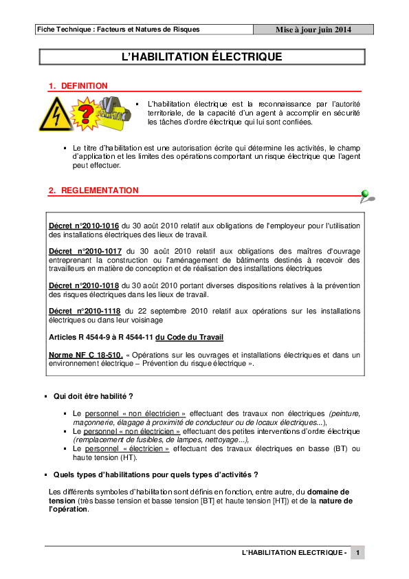 (PDF) Fiche Technique : Facteurs et Natures de Risques L'HABILITATION ÉLECTRIQUE
