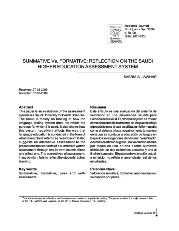 (PDF) SUMMATIVE Vs. FORMATIVE: REFLECTION ON THE SAUDI HIGHER EDUCATIONASSESSMENT SYSTEM