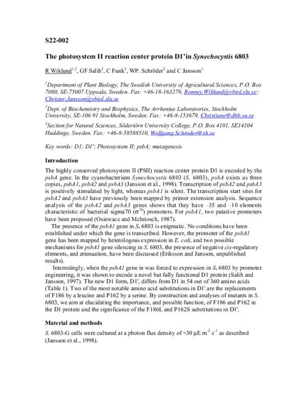 (PDF) The photosystem II reaction center protein D1'in Synechocystis 6803