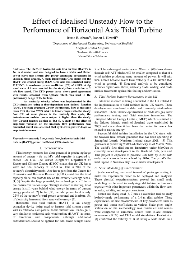 (PDF) Effect of Idealised Unsteady Flow to the Performance of Horizontal Axis Tidal Turbine