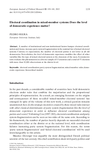 (PDF) Electoral coordination in mixed-member systems: Does the level of ...
