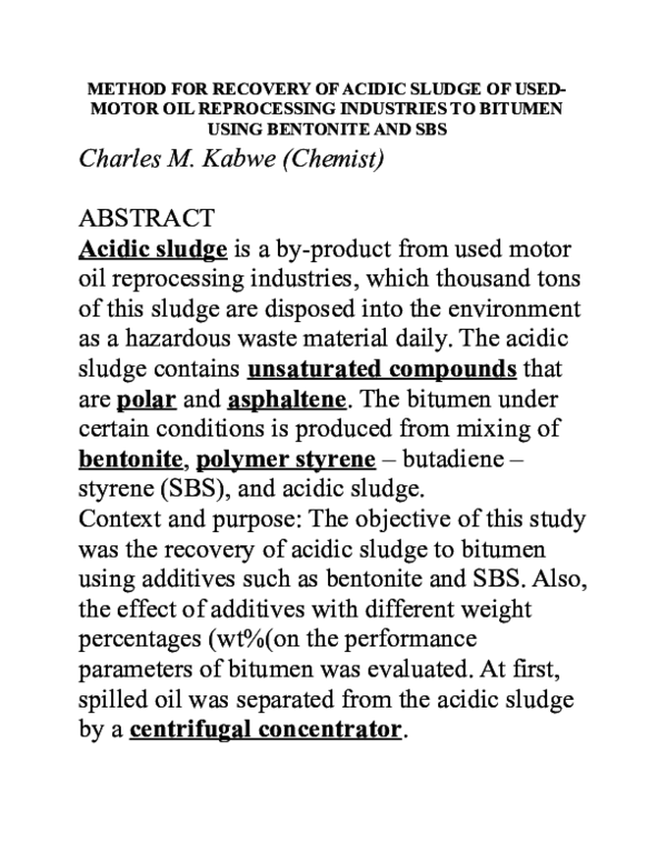 (DOC) METHOD FOR RECOVERY OF ACIDIC SLUDGE OF USED by Charles.docx