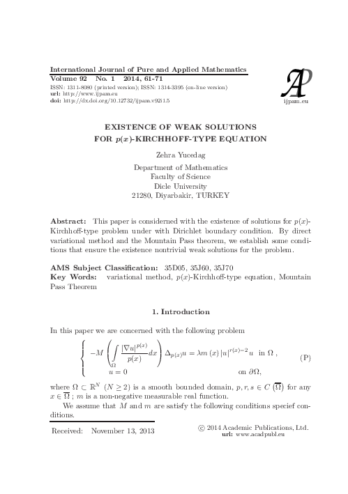 (PDF) EXISTENCE OF WEAK SOLUTIONS FOR $p(x)$-KIRCHHOFF-TYPE EQUATION
