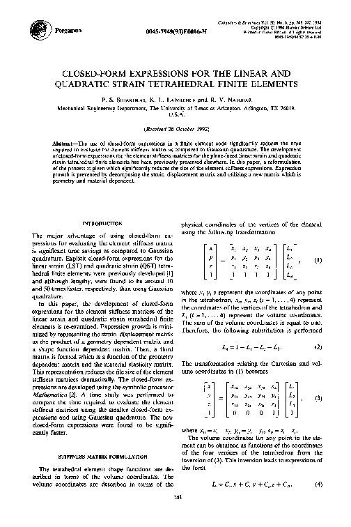 (PDF) Closed-form expressions for the linear and quadratic strain tetrahedral finite elements