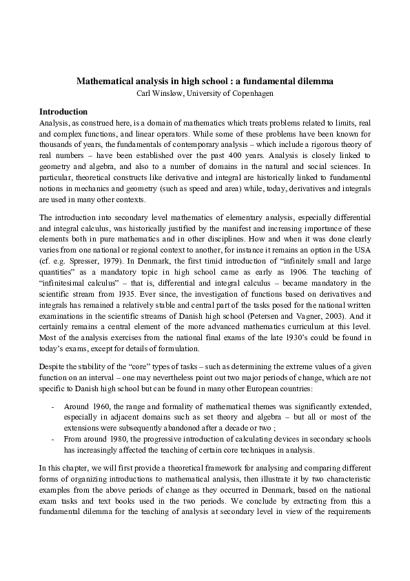 (PDF) Mathematical analysis in high school : a fundamental dilemma