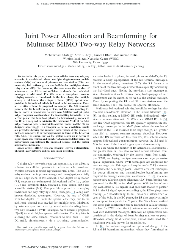 Pdf Joint Power Allocation And Beamforming For Multiuser Mimo Two Way Relay Networks