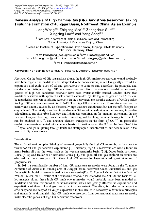 (PDF) Genesis Analysis of High Gamma Ray (GR) Sandstone Reservoir ...