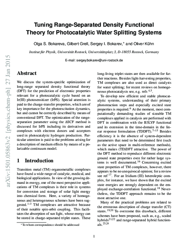 (PDF) Tuning Range-Separated Density Functional Theory for Photocatalytic Water Splitting Systems