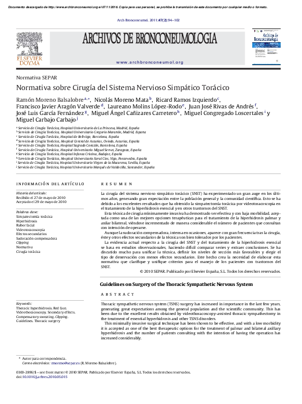 (PDF) Guidelines on Surgery of the Thoracic Sympathetic Nervous System