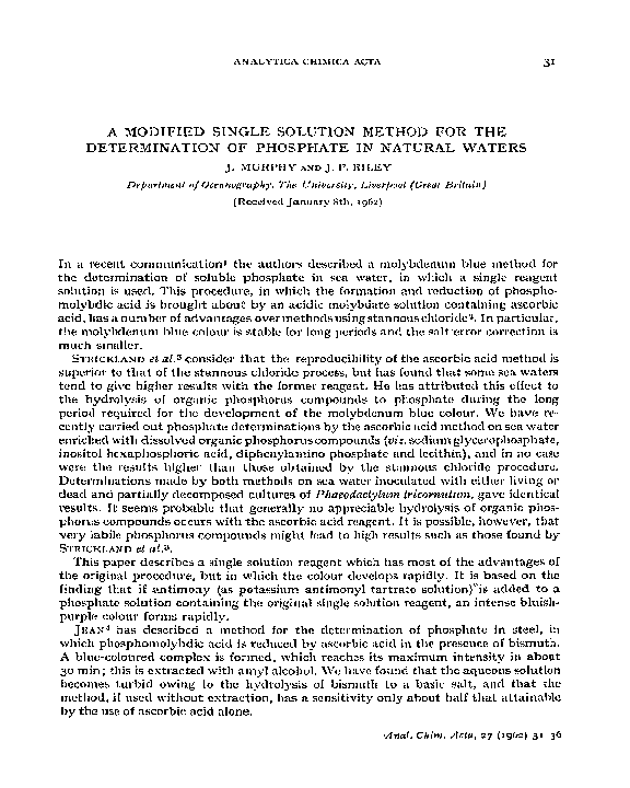 Pdf A Modified Single Solution Method For The Determination Of Phosphate In Natural Waters