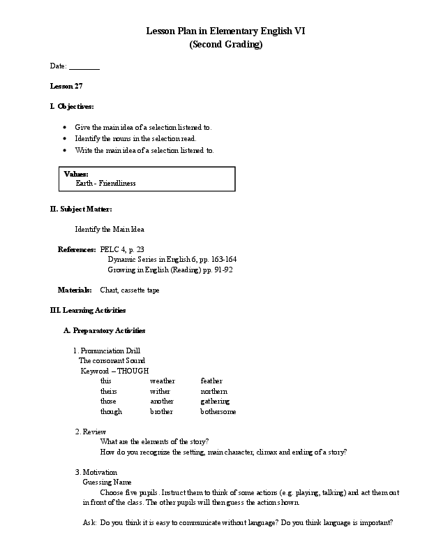 (DOC) Lesson Plan in Elementary English VI (Second Grading