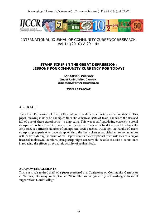 (PDF) Stamp Scrip in the Great Depression: Lessons for Community ...