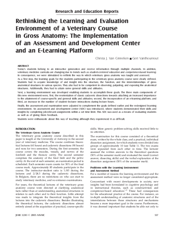(PDF) Rethinking the Learning and Evaluation Environment of a Veterinary Course in Gross Anatomy ...