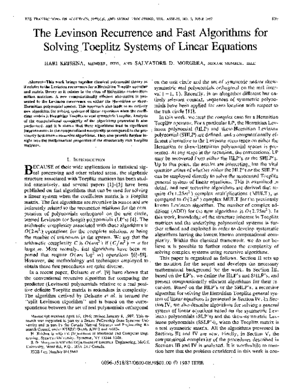 Pdf The Levinson Recurrence And Fast Algorithms For Solving Toeplitz Systems Of Linear