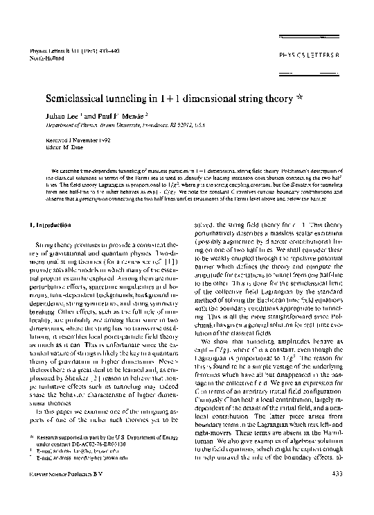 (PDF) Semiclassical tunneling in 1 + 1 dimensional string theory