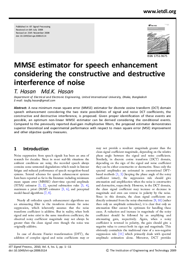 (PDF) MMSE estimator for speech enhancement considering the constructive and destructive ...