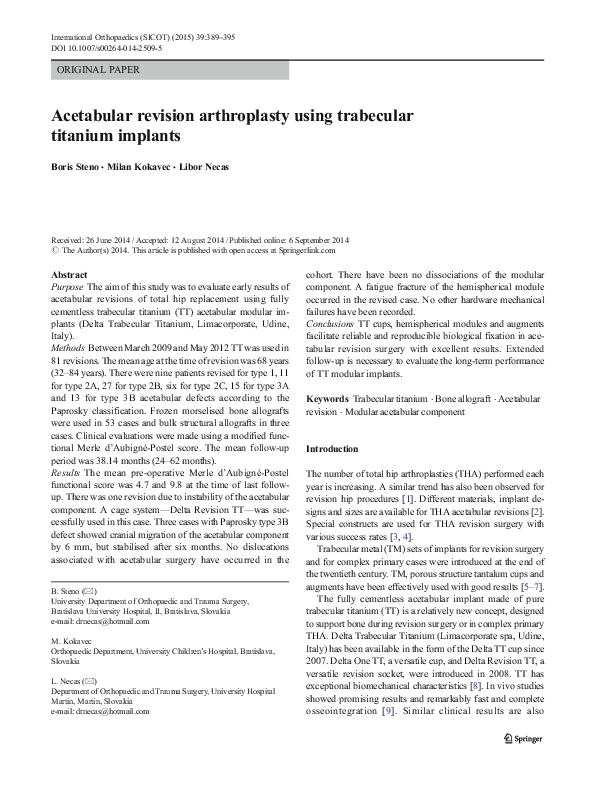 Pdf Acetabular Revision Arthroplasty Using Trabecular Titanium Implants