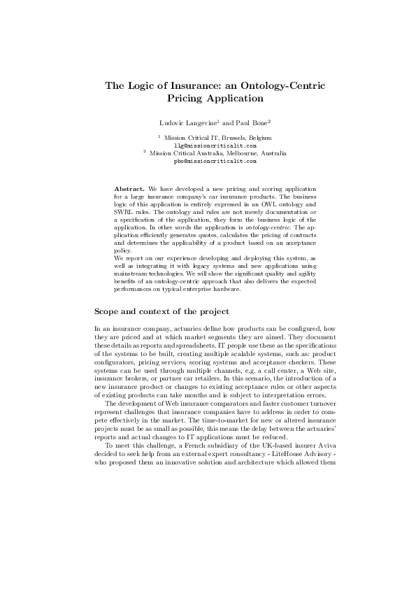 The Logic of Insurance: an Ontology-Centric Pricing Application