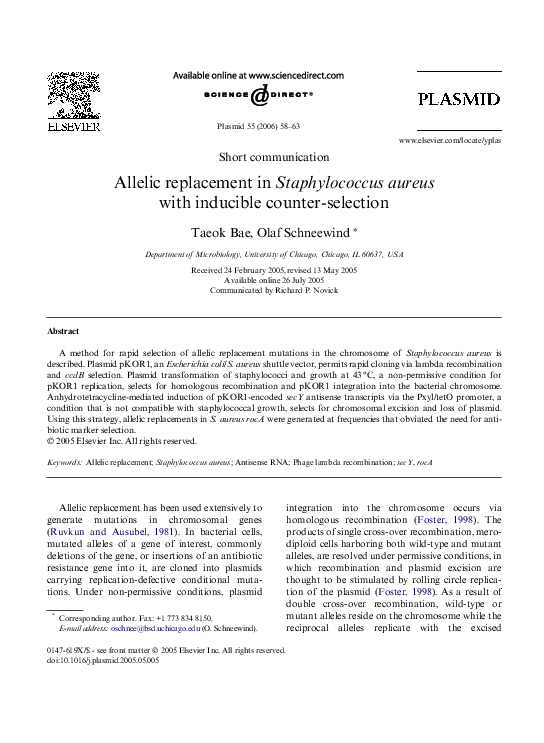 (PDF) Allelic replacement in Staphylococcus aureus with inducible ...