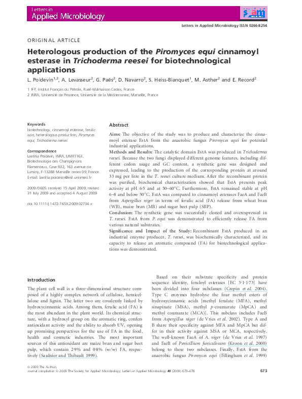(PDF) Heterologous production of the Piromyces equi cinnamoyl esterase in Trichoderma reesei for ...