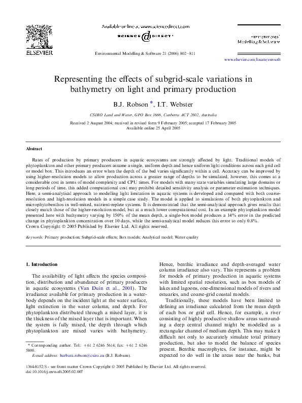 Pdf Representing The Effects Of Subgrid Scale Variations In Bathymetry On Light And Primary