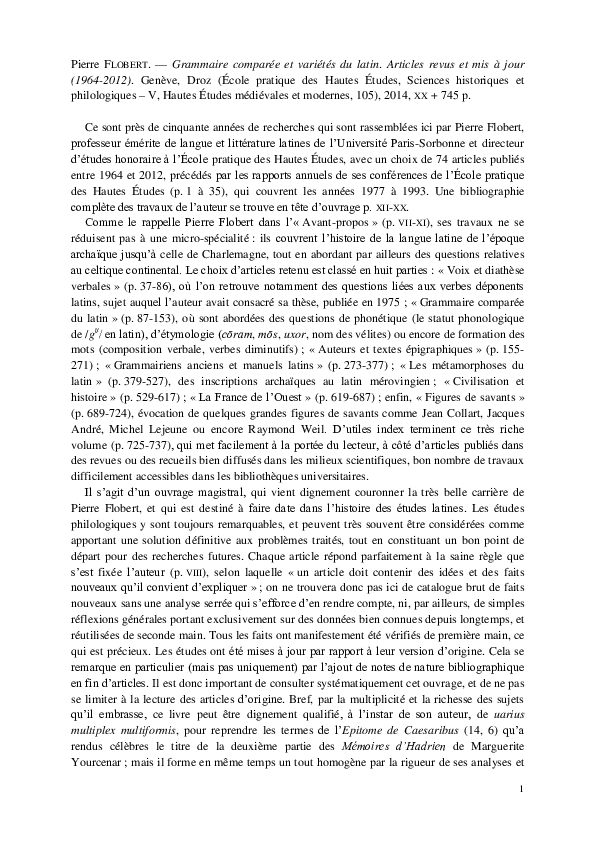 Compte rendu de Pierre Flobert, Grammaire comparée et variétés du latin ...