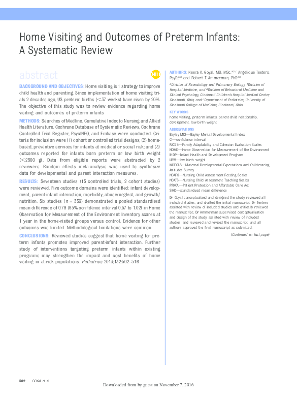 (PDF) Home Visiting and Outcomes of Preterm Infants: A Systematic Review