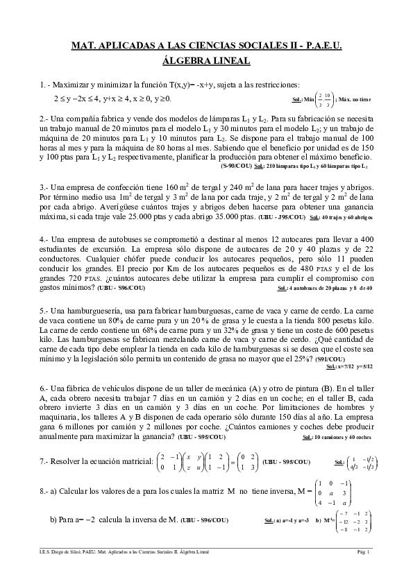 (PDF) Mat 2Bach Sociales PAEU Algebra lineal