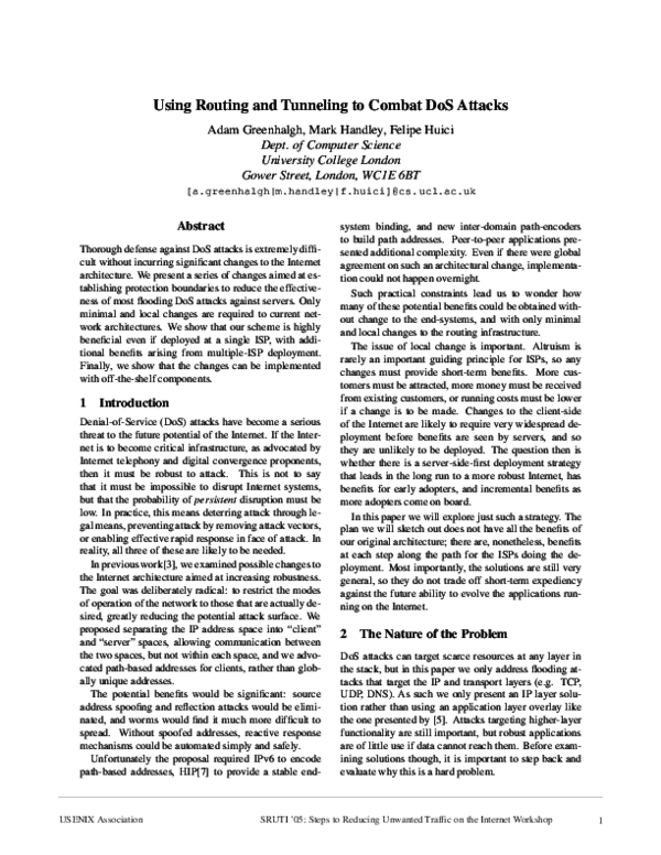 (PDF) Using Routing and Tunneling to Combat DoS Attacks