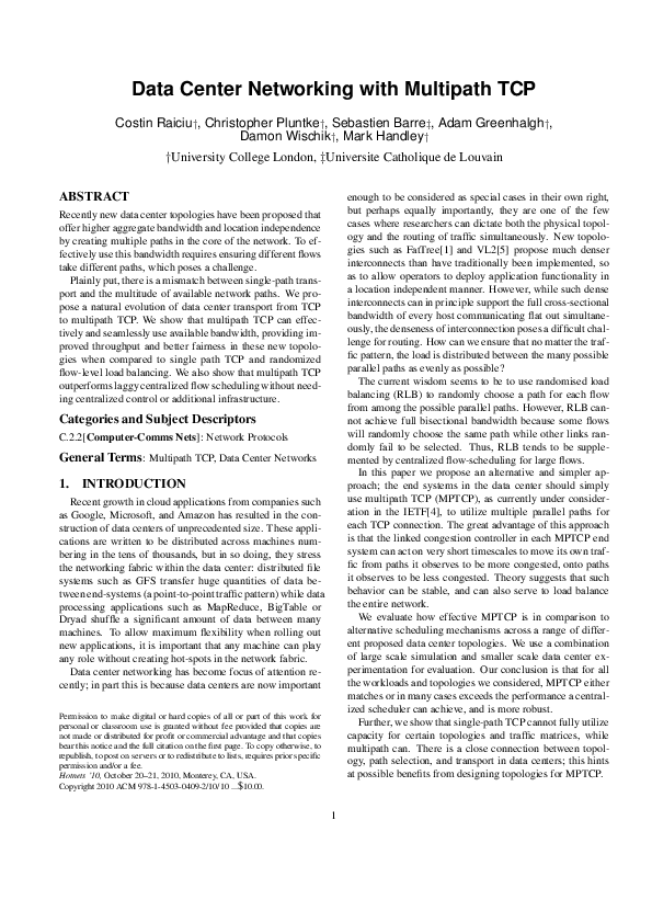 Data Center Networking With Multipath Tcp