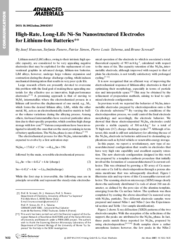 (PDF) High-Rate, Long-Life Ni–Sn Nanostructured Electrodes for Lithium-Ion Batteries