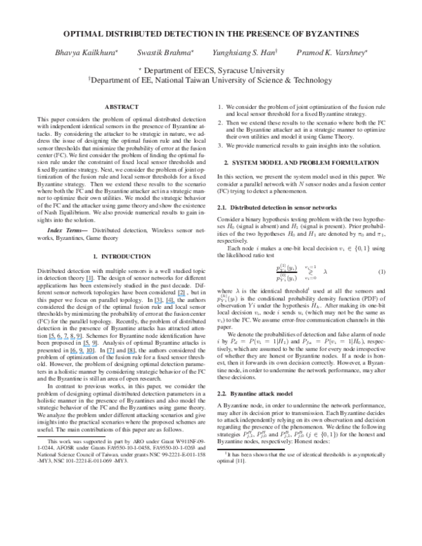 (PDF) Optimal distributed detection in the presence of Byzantines
