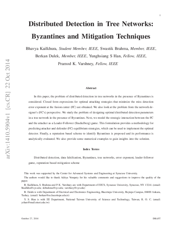 Pdf Distributed Detection In Tree Networksbyzantines And Mitigation Techniques