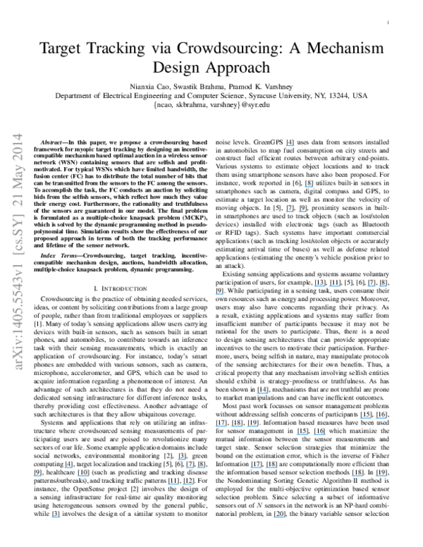(PDF) Target Tracking via Crowdsourcing: A Mechanism Design Approach | Swastik Brahma and ...
