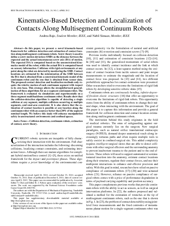 Pdf Kinematics Based Detection And Localization Of Contacts Along Multisegment Continuum Robots
