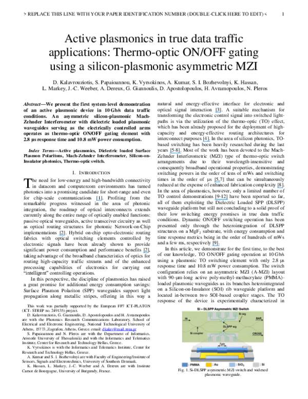 (PDF) Active Plasmonics in True Data Traffic Applications: Thermo-Optic On/Off Gating Using a ...